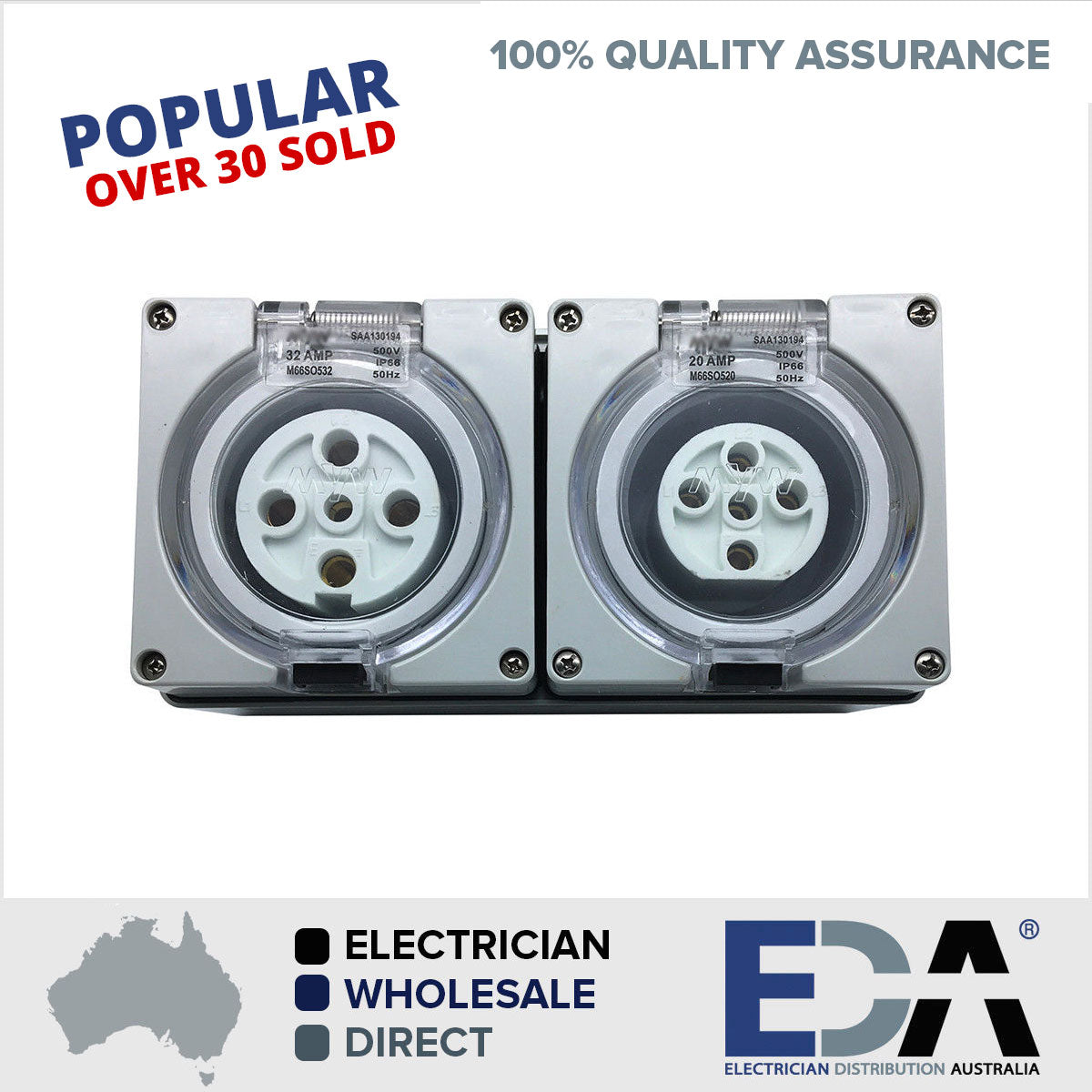 2x 3 phase 1x20 + 1x32 AMP 5 Pin Outlet Only IP66 Weatherproof Industr ...