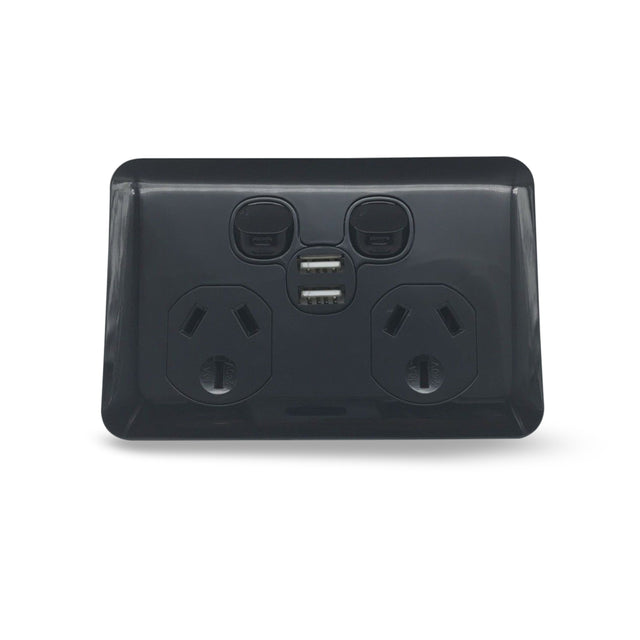 TWIN USB 2.1A 5v Slimline Power Point BLACK DGPO Fast Charge Wafer Soc ...