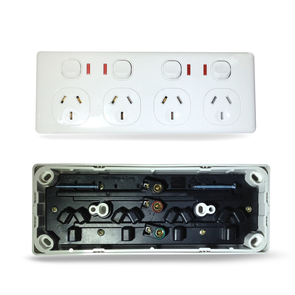 SLIM 4 WAY OUTLET QUAD DOUBLE POLE GPO 4 Power Point Socket with NEON ...
